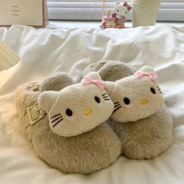 Sanrio Hello Kitty, новая зимняя плюшевая обувь с героями мультфильмов, корейская версия, трендовые хлопковые тапочки, универсальные теплые женские милые меховые тапочки