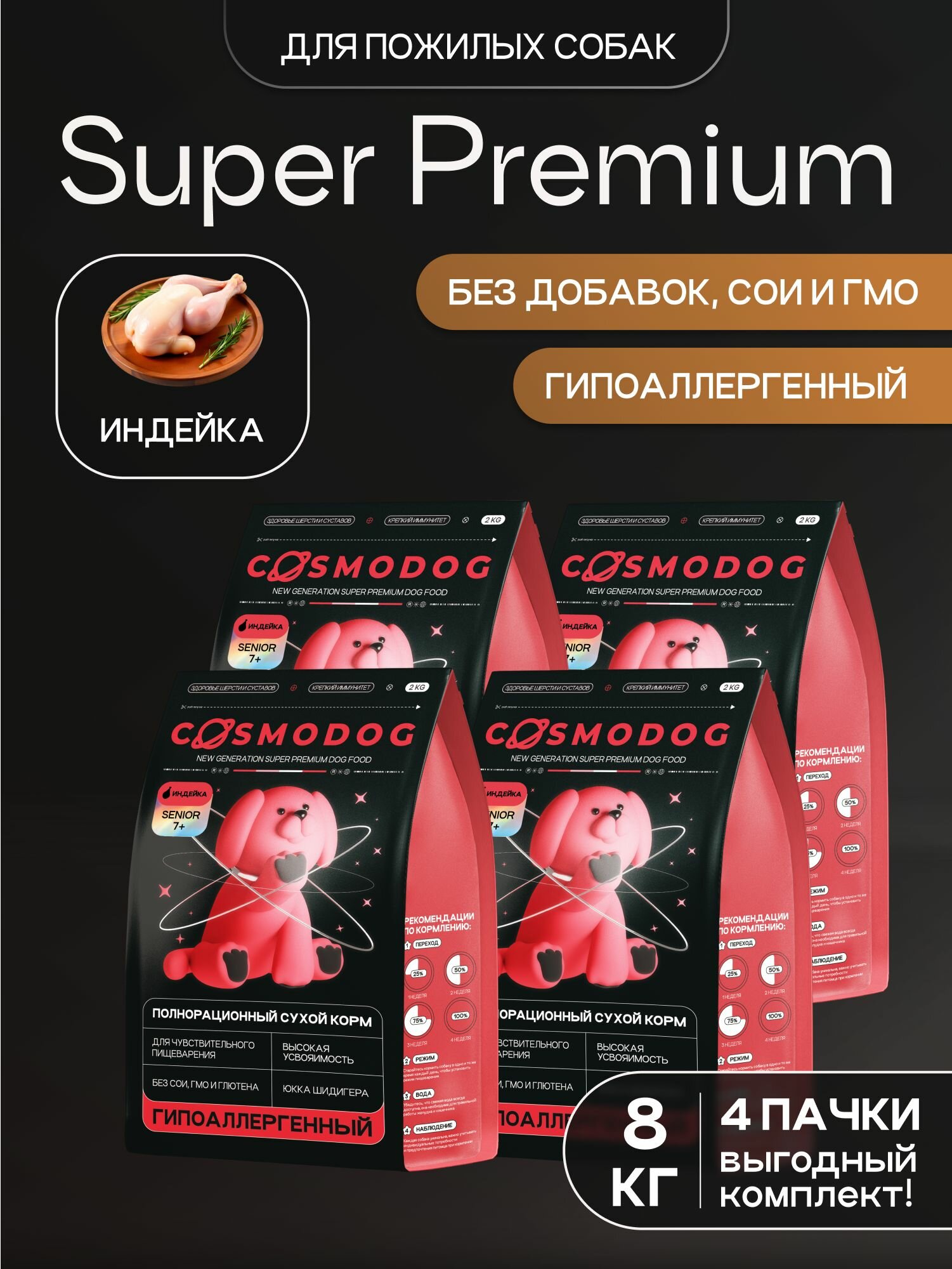 Корм для пожилых собак сухой Cosmodog с индейкой 8 кг, гипоаллергенный холистик супер для крупных и средних пород