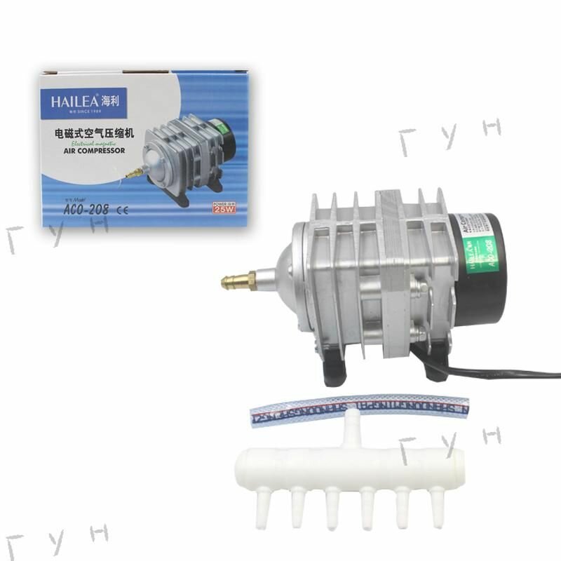 Высокомощный электромагнитный кислородный насос Hailea 25 Вт, воздушный компрессор ACO-208 40 л/мин, оксигенация садового пруда с рыбой, перепускное отверстие с 6 отверстиями, труба 4 ммaz