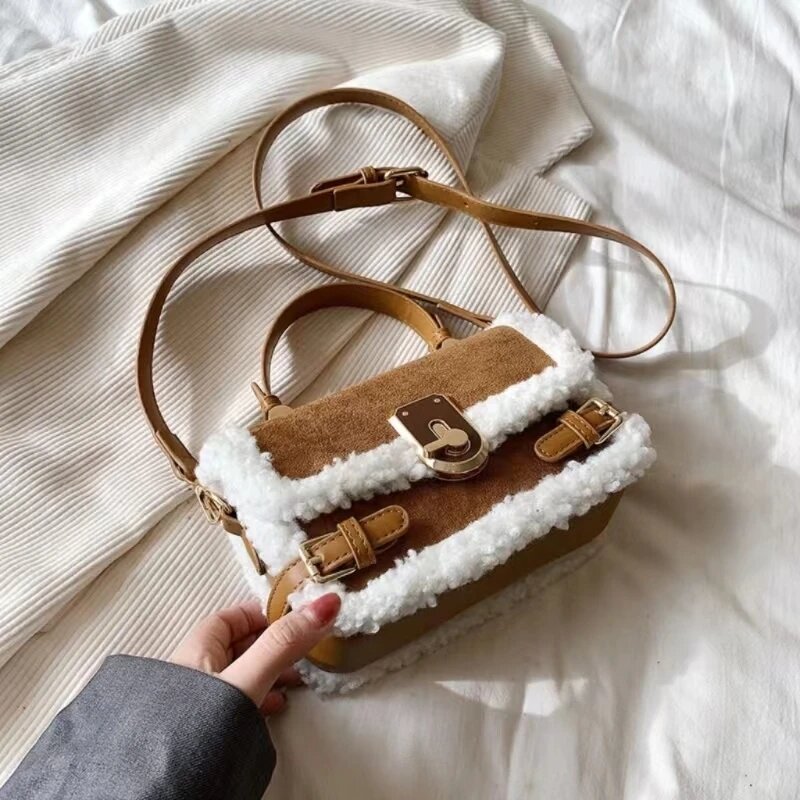 Женская мода мода ягненка шерсть ретро -плечо осень зимняя новая сумочка милая лоскутная сумочка мессенджер сумки повседневные сумки по скрещиванию, Khaki, SKU00952