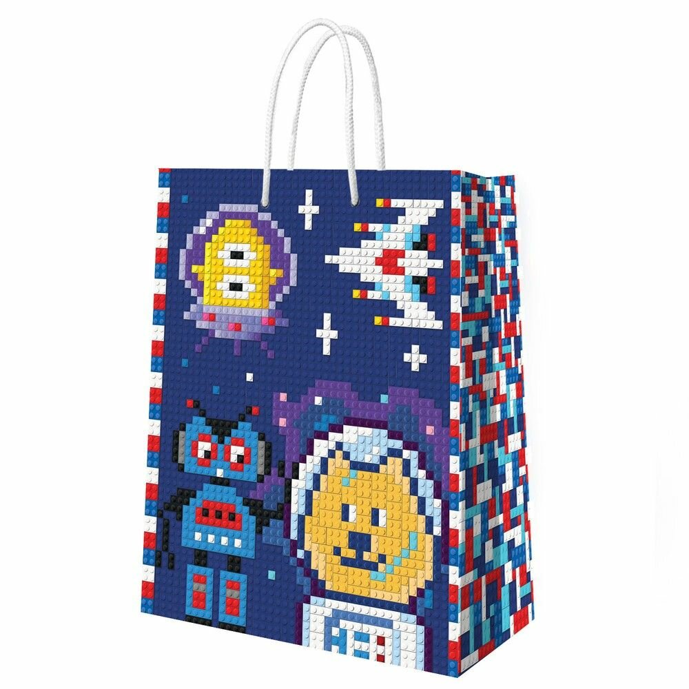 Подарочный пакет ND Play большой, Пиксели-космос, 335х406х155 мм