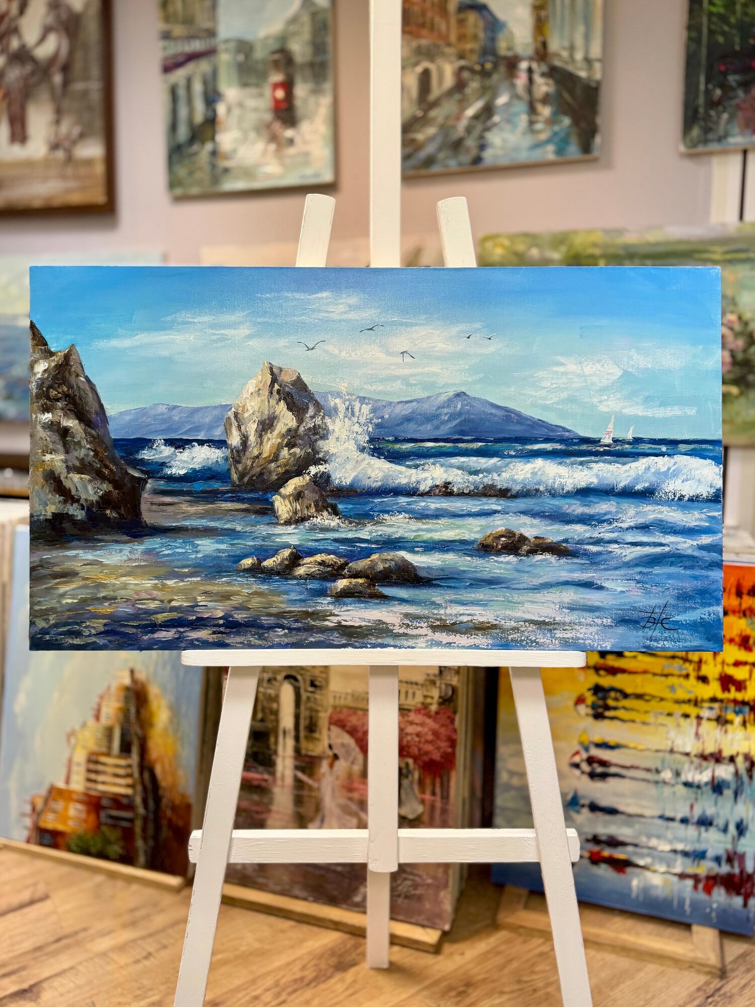 Картина маслом морской пейзаж импрессионизм. Море волны. Крым. 50х90 см. Художественная мастерская Грезы.