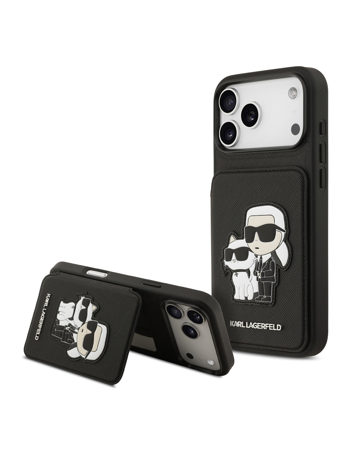 Чехол Karl Lagerfeld на iPhone 17 Pro Max, из экокожи Saffiano, с картхолдером с функцией подставки, черный