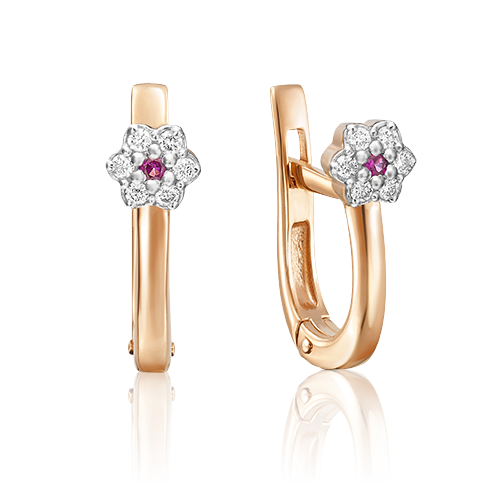 Серьги, красное золото, 585 проба, бриллиант, рубин