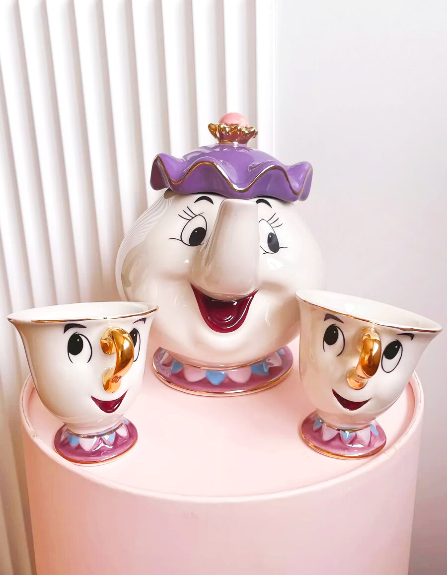 Керамический набор из Чайник + чашка*2， Красавица и Чудовище, Набор из трех частей ，Детский подарок, Рождество