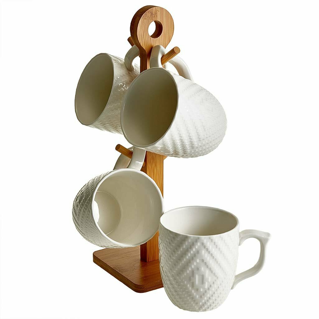 Набор кружек из фарфора на бамбуковой подставке Alpenkok AK5-0018