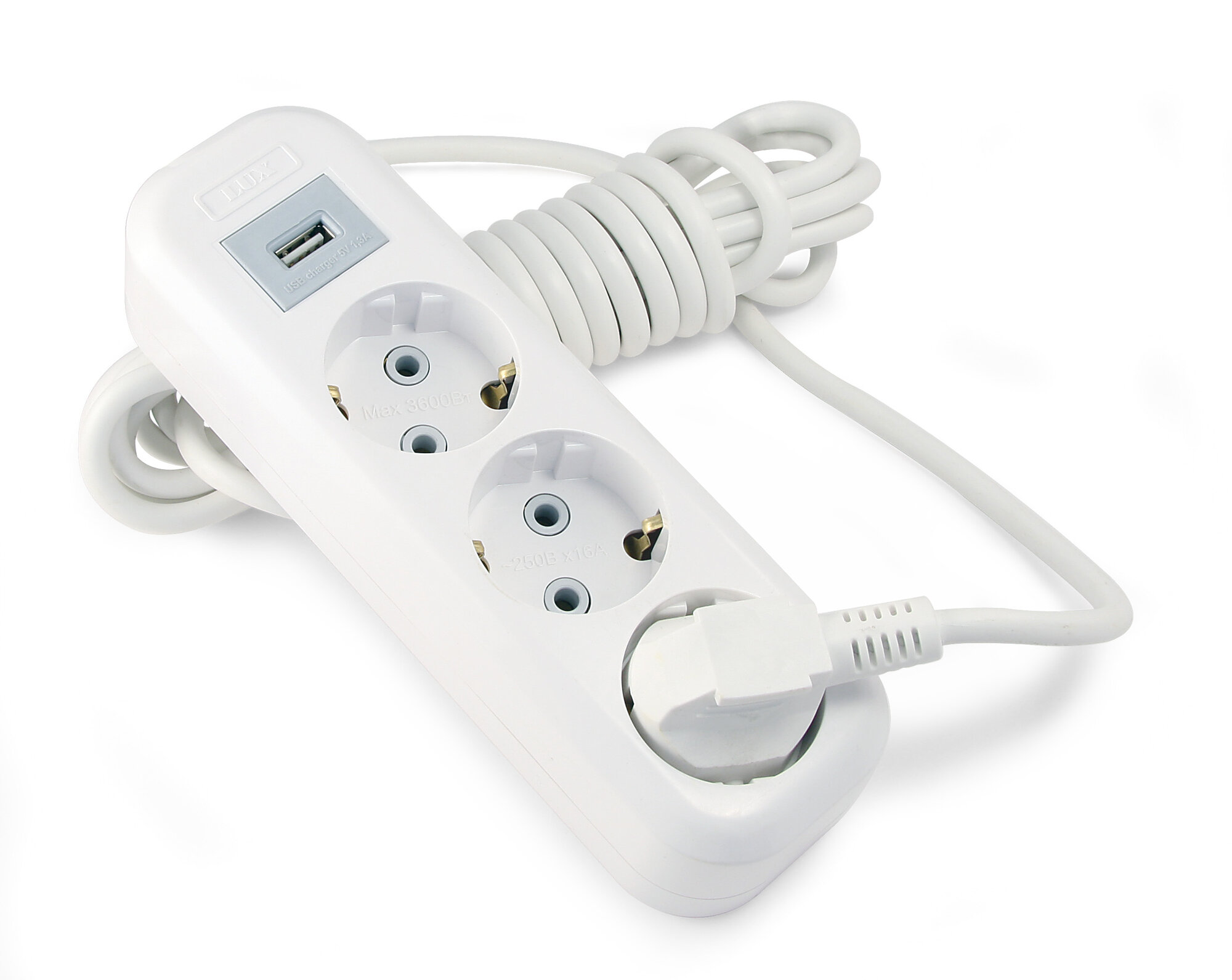 Сетевой удлинитель LUX У3-Е-USB-05 3х местный с заземлением 250В 16А, USB гнездо 5В 1.3А, 5м
