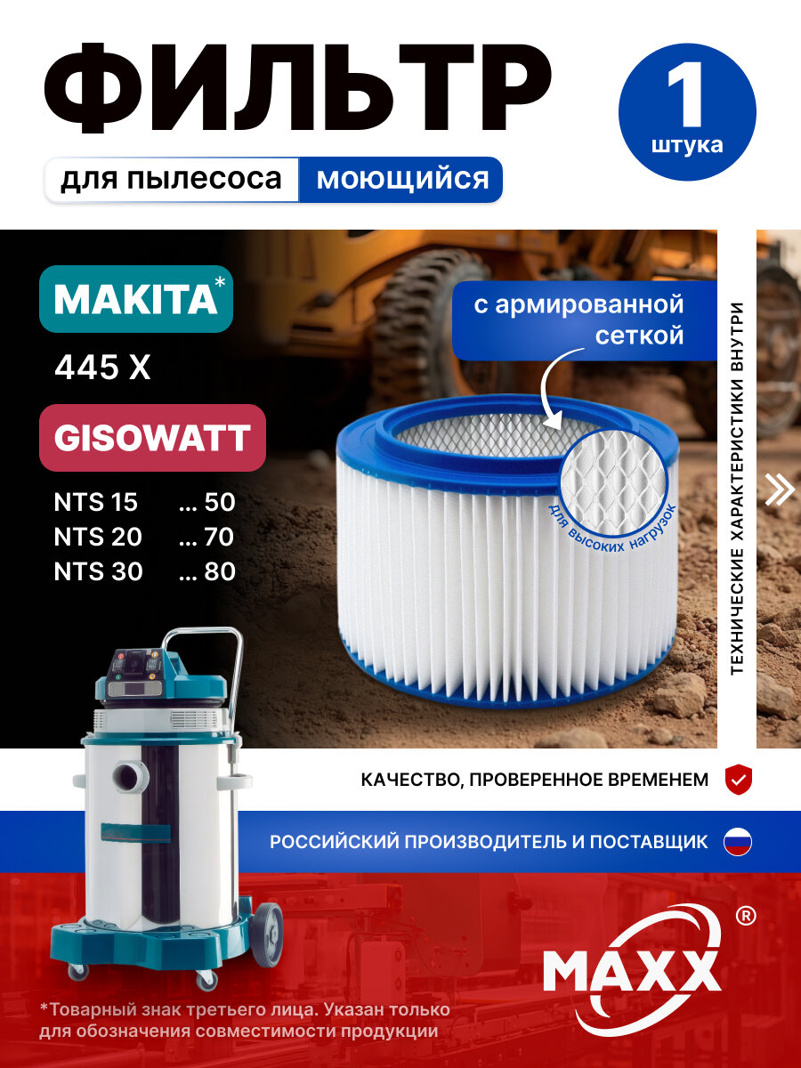 Фильтр моющийся для пылесоса Makita 445 X, GISOWATT PC 50