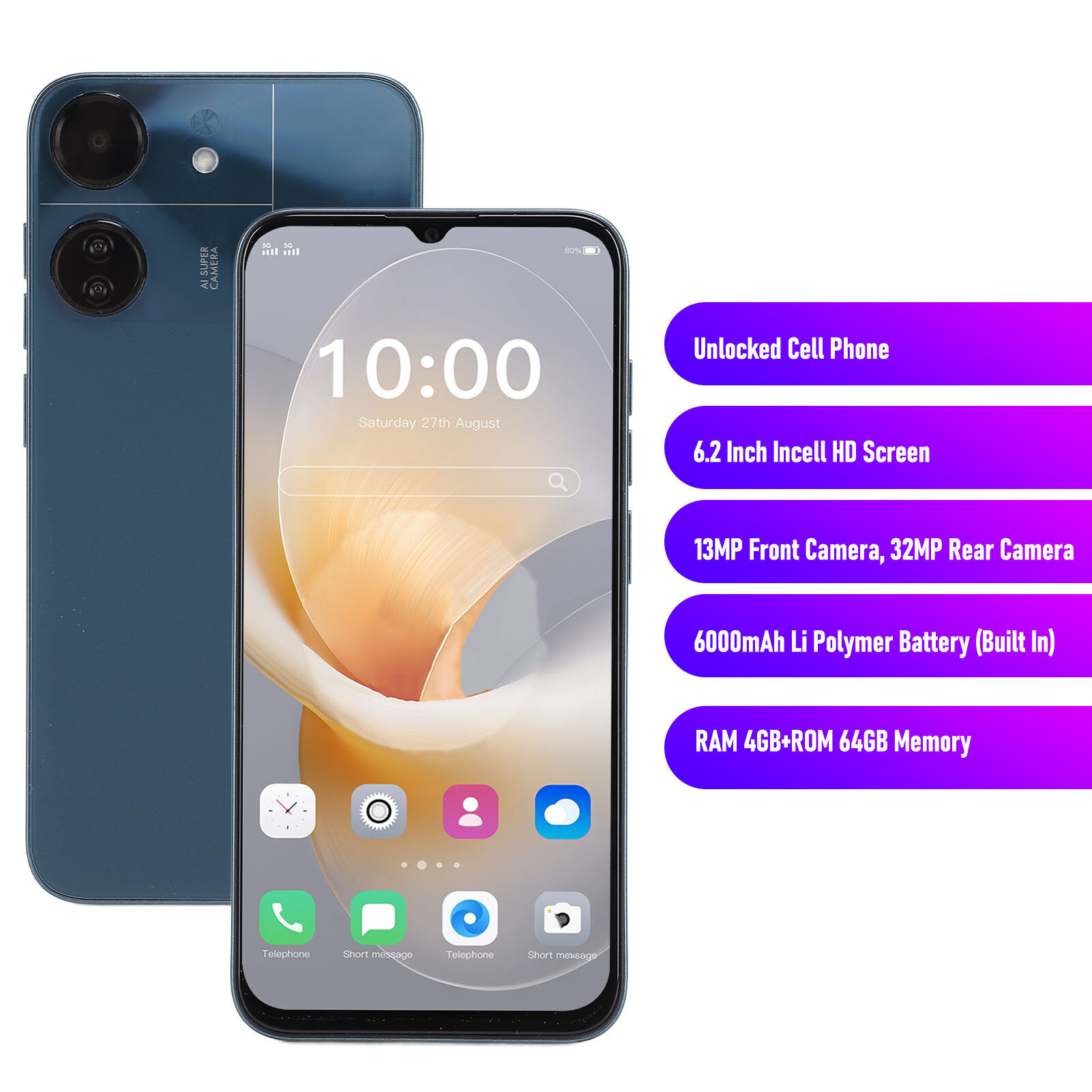 Разблокированный сотовый телефон 4G Dual Card Dual Standby 6,2-дюймовый HD-экран RAM 4 ГБ ROM 64 ГБ 13+32 МП смартфон для Android 14.0 синий
