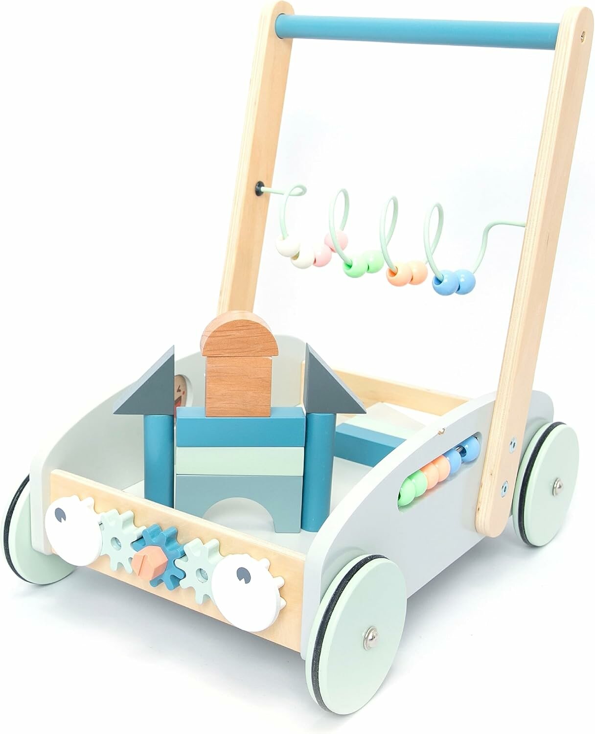 Ходунки-каталка детские UMU - Деревянные ходунки 5-в-1 для малышей с игровым центром, цвет голубой - 1322