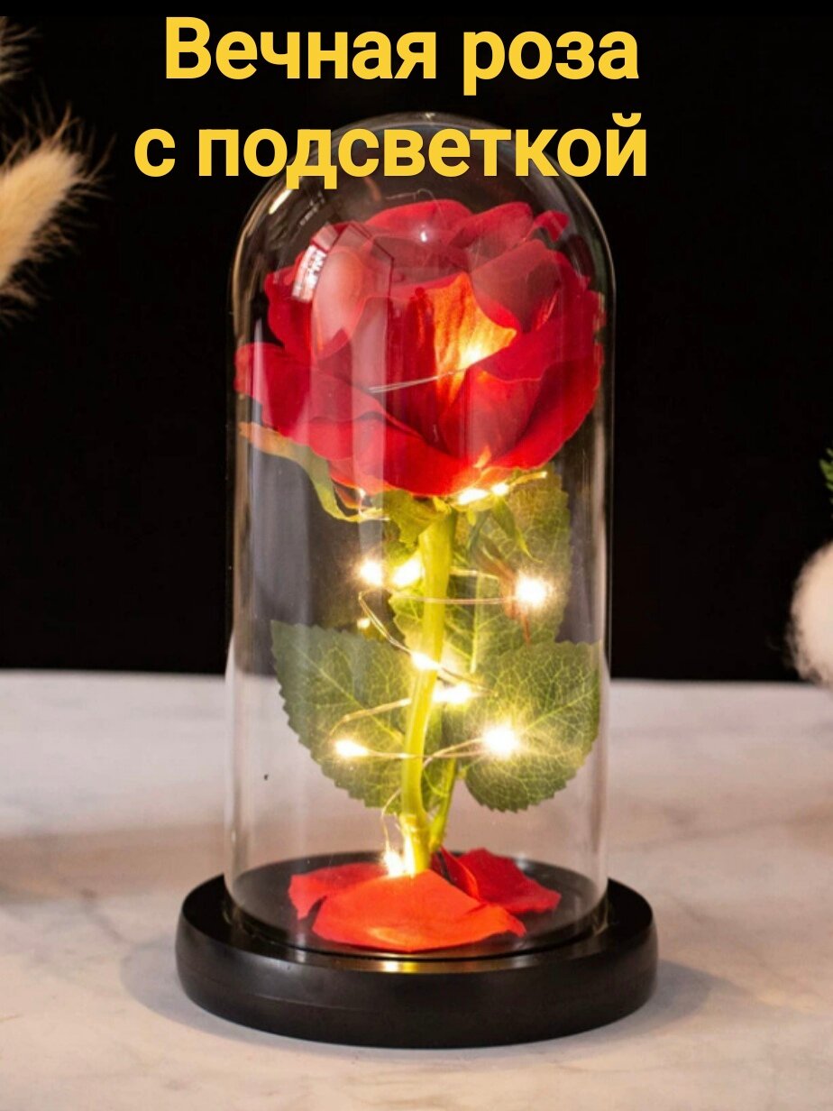 Вечная красная роза, в колбе, с подсветкой, в подарочной коробке