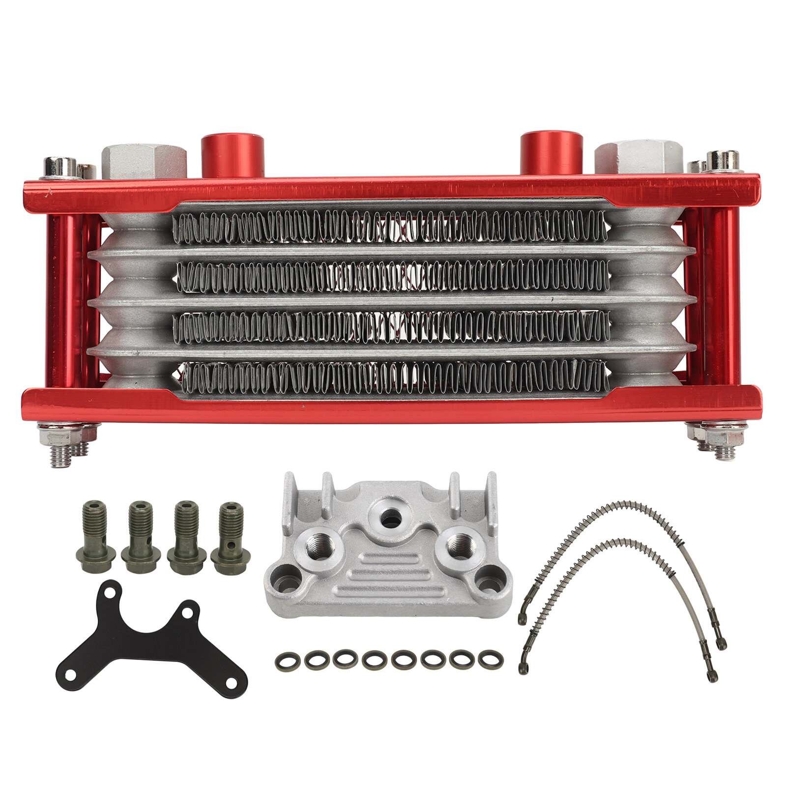 17PCS Motorcycle Oil Cooler Radiator Set Aluminum 4 Row Engine Cooling Kit Replacement for Monkey 125cc‑140cc Red
