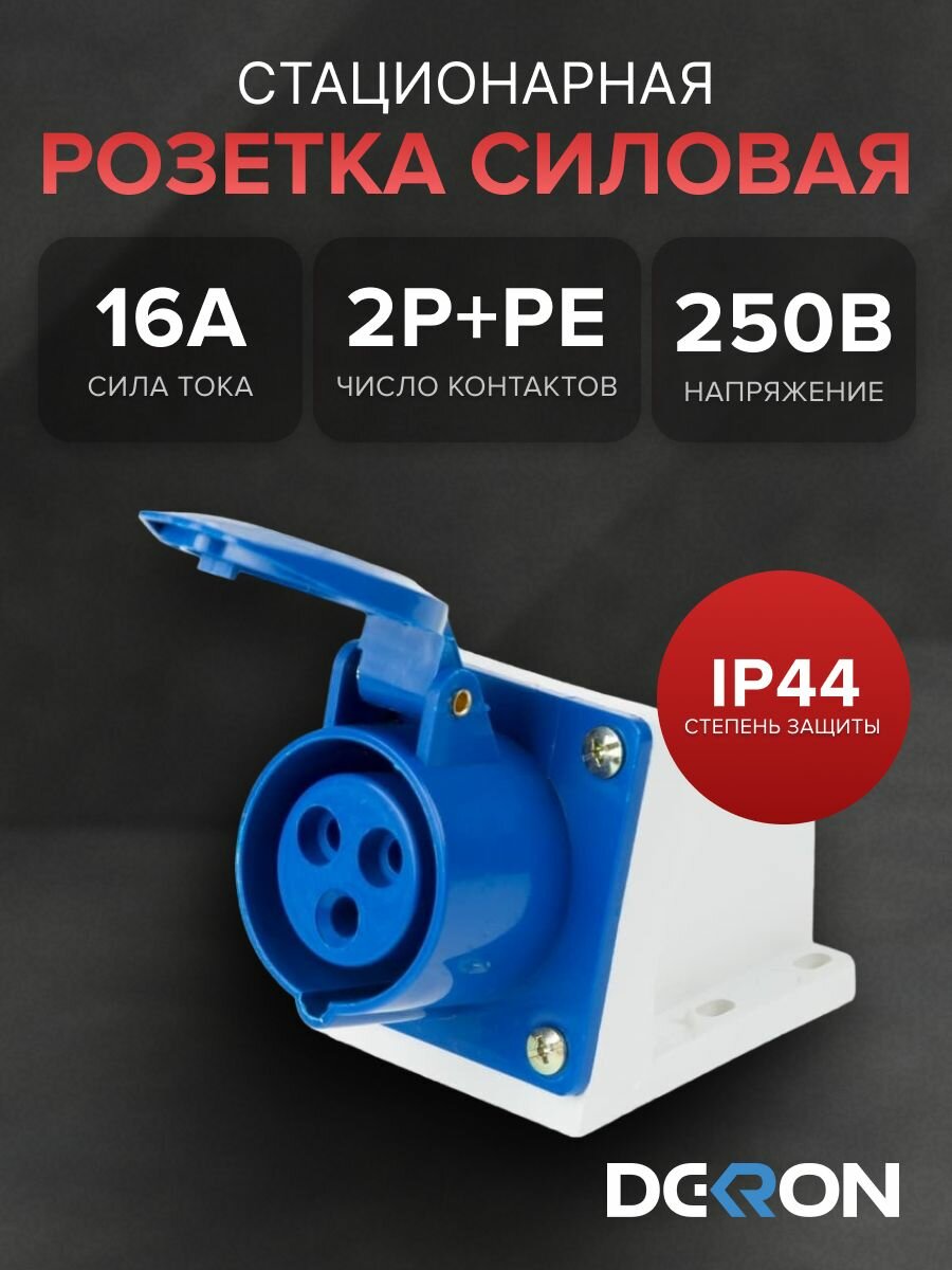 Розетка силовая стационарная 113 2Р+РЕ, 16А, 250В IP44