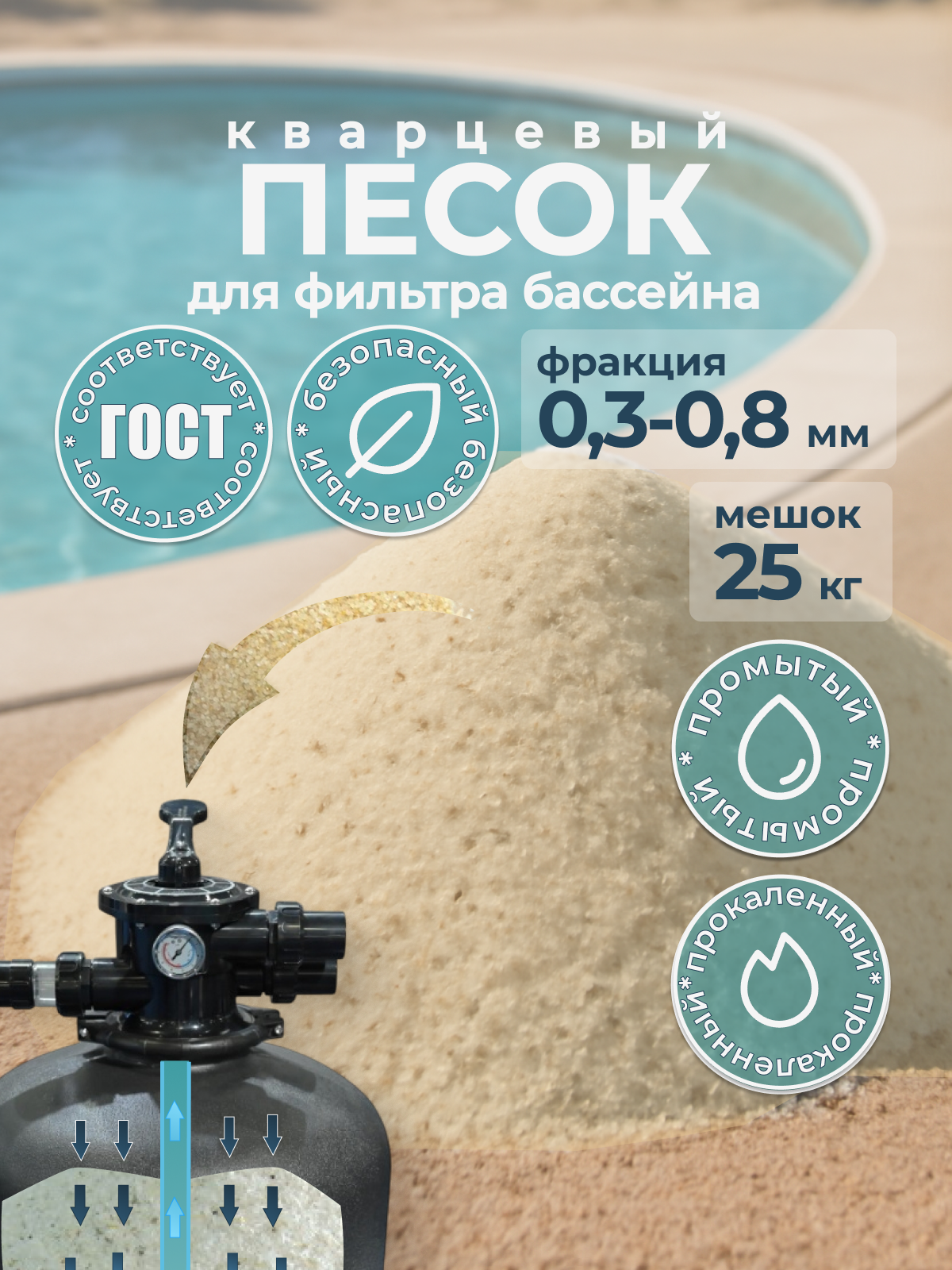 Кварцевый песок 25 кг, фракция 0.3-0.8 мм для фильтра бассейна