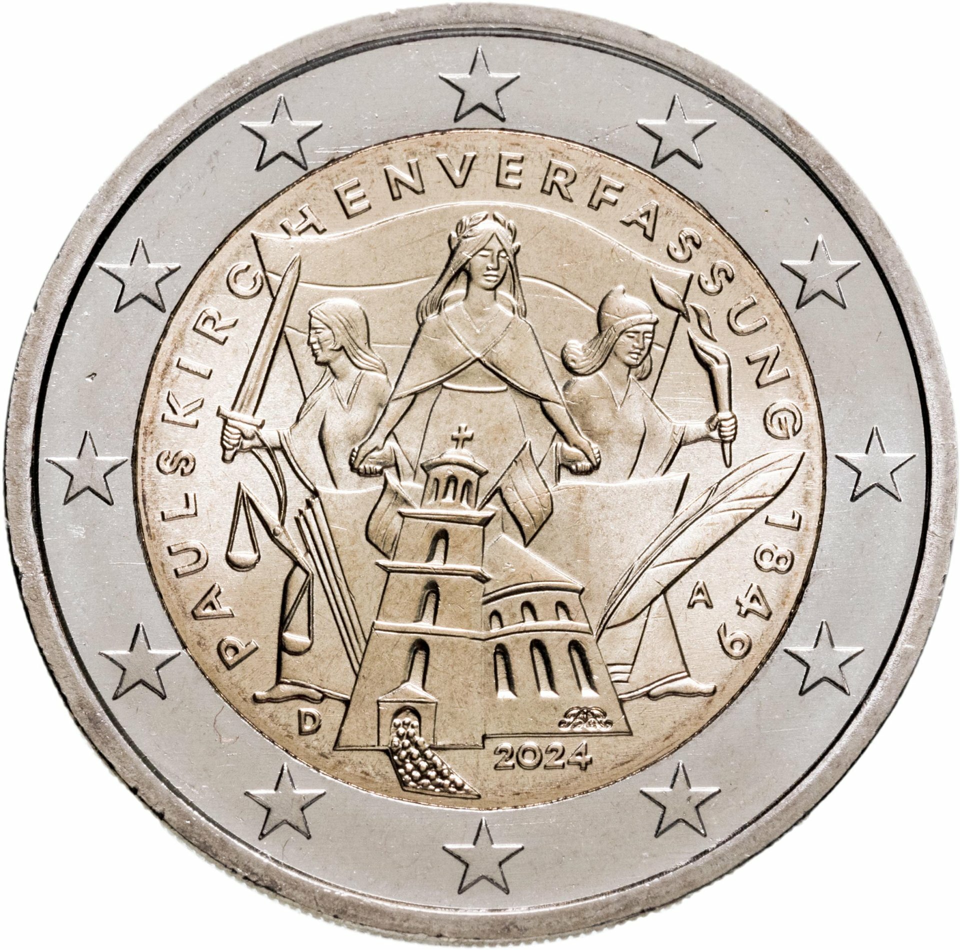 Германия 2 евро 2024 "175 лет Конституции Паульскирхе" двор A, Биметалл, в сохранности UNC