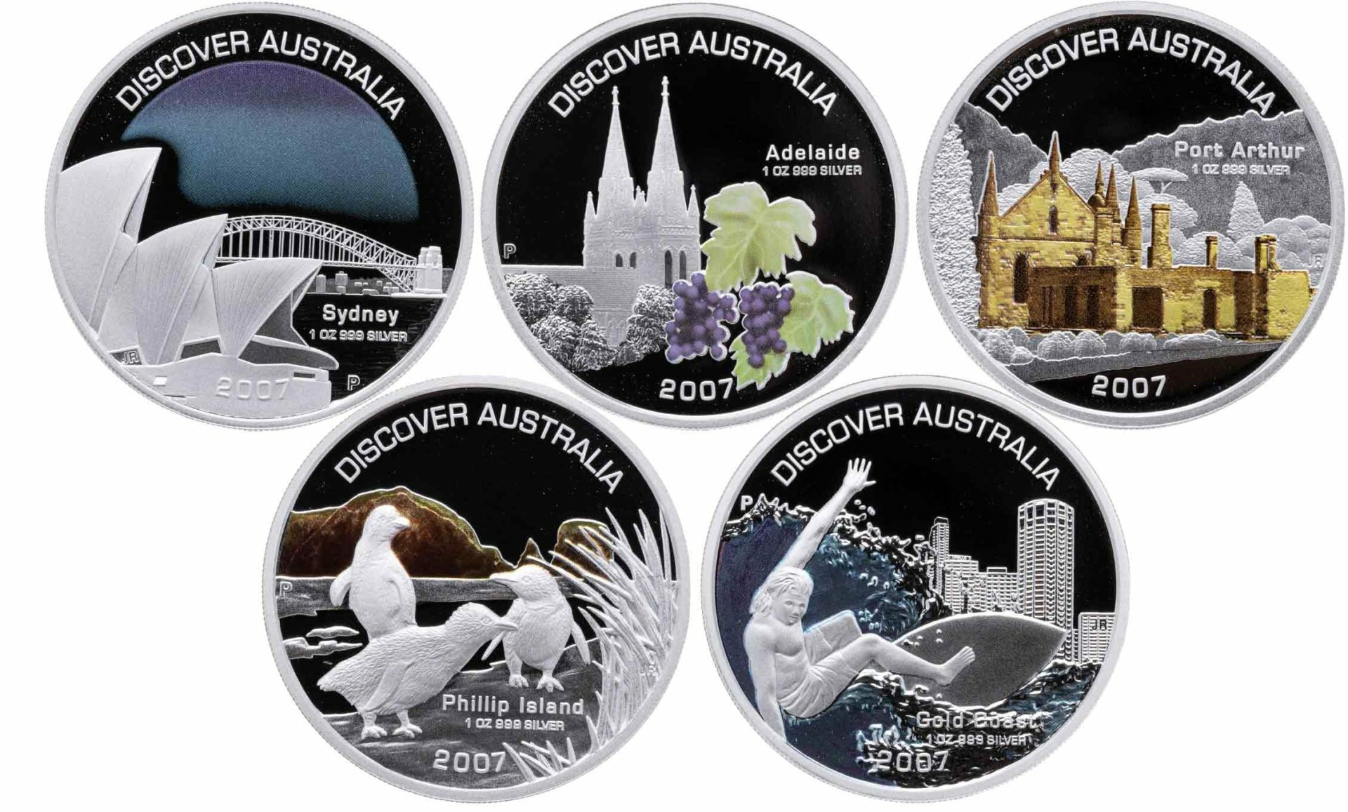 Австралия 1 доллар 2007 набор из 5-ти монет "Открой Австралию" в футляре с сертификатом, Серебро 999, в сохранности Proof