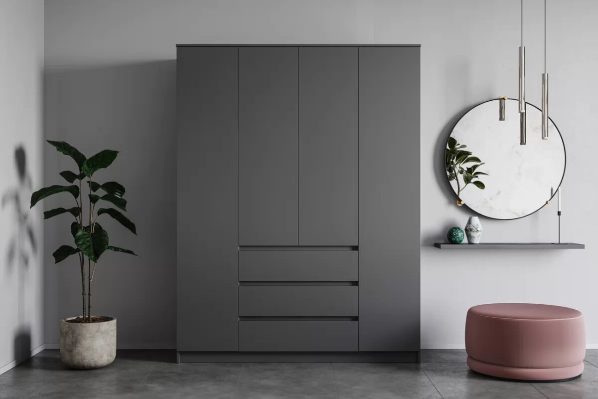 Мори МШ1600.1 Шкаф с 4-я дверьми и 3-я ящиками (ш1604*г504*в2100мм), ЛДСП Графит МП