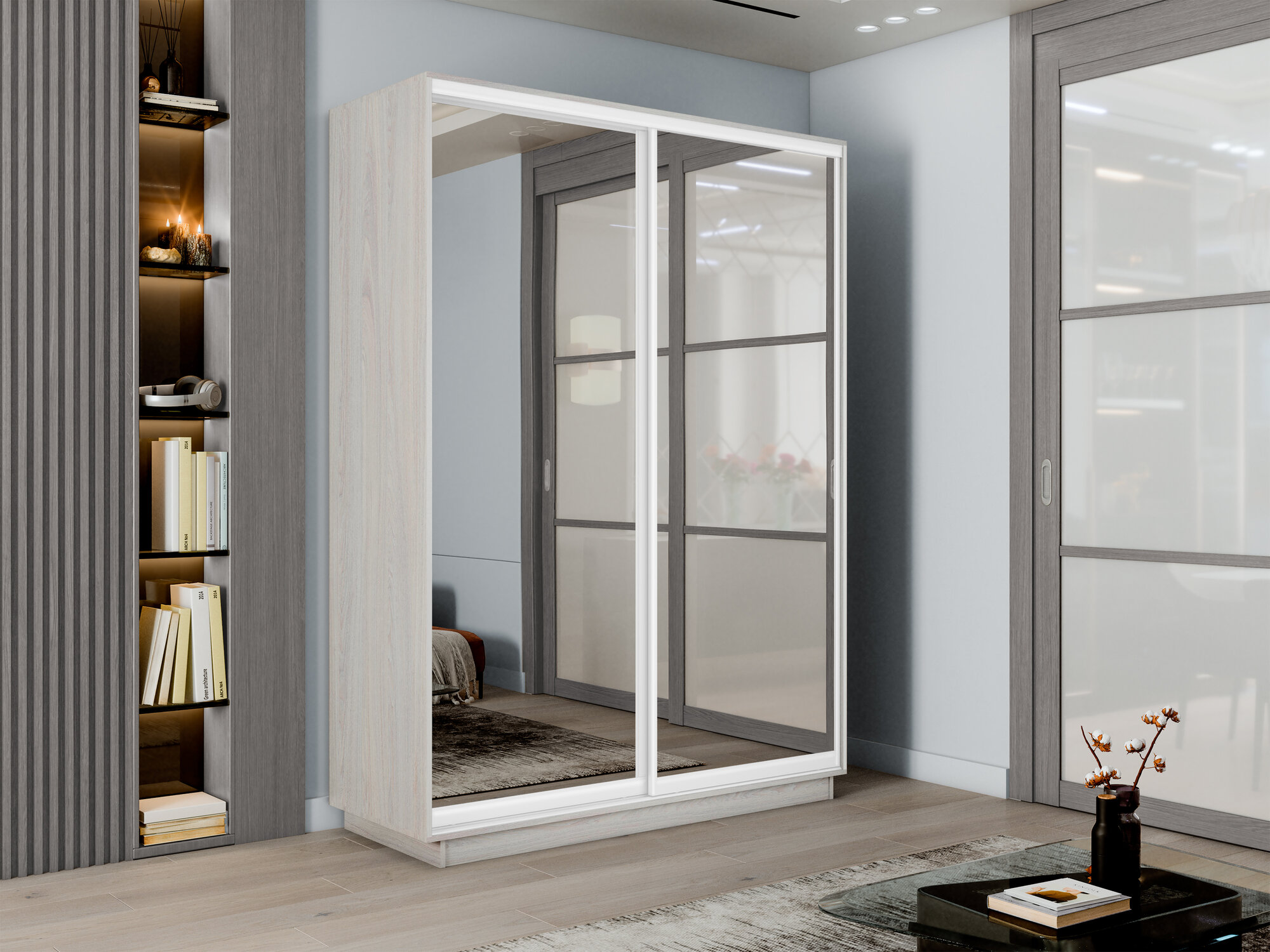 Шкаф купе Вилли 2-х дверный ЛДСП, зеркальные двери, профиль белый 160 см х 240 см х 60 см (Ясень анкор-светлый)