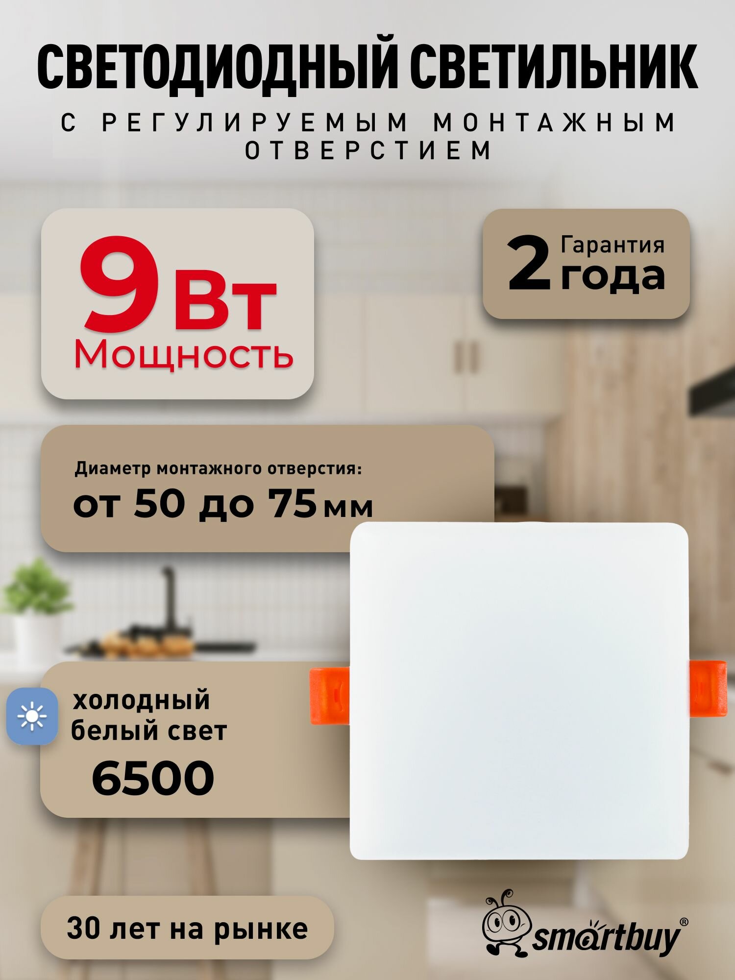Светильник светодиодный безрамочный BDLS Smarbuy квадрат 9Вт/6500К (SBL-BDLS-9-65K)