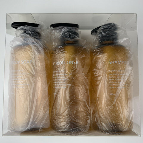 Набор бутылок для ванной комнаты отеля для лосьона, шампуня, душеового геля с нажимным диспенсером большой ёмкости 300/500ML 500ml янтарный в упаковке OPP