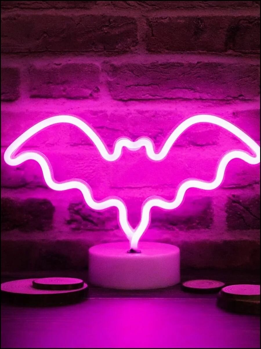 Неоновая LED лампа летучая мышь с розовой подставкой для Хэллоуина с питанием от батареек ночник для спальни бара и стены