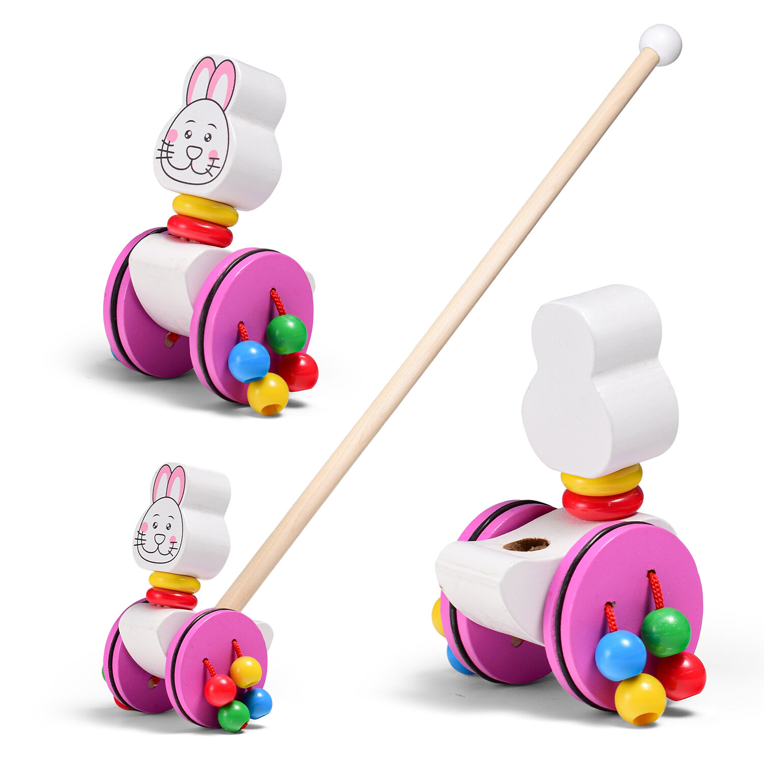 Каталка D2144 "Зайчик", 8.5х9х11.5 см, дерево , ручка 46 см.