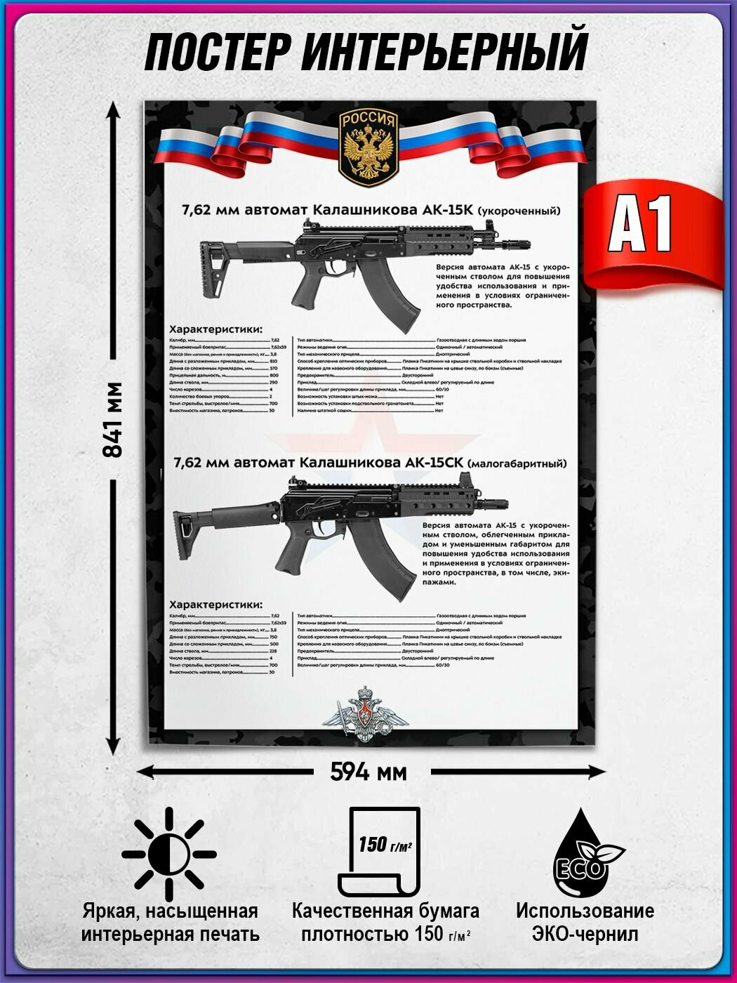 Плакат "АК-15К-КС" / Информационный постер с ТТХ оружия / Интерьерный плакат о российском оружие / А1 (60х84 см.)