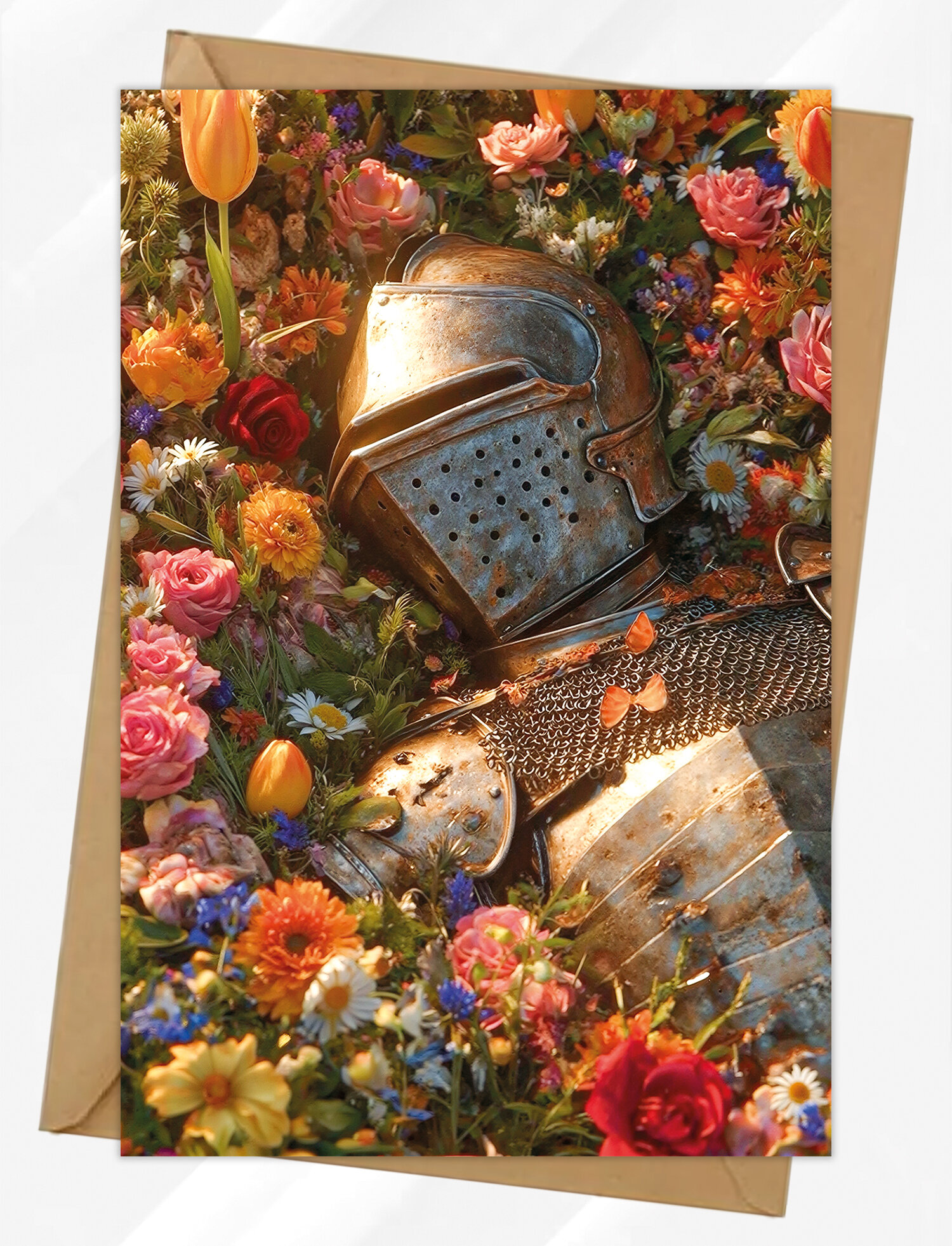 Открытка "Рыцарь в цветах" (подходит под рамку 10х15см, линовка, подставка)