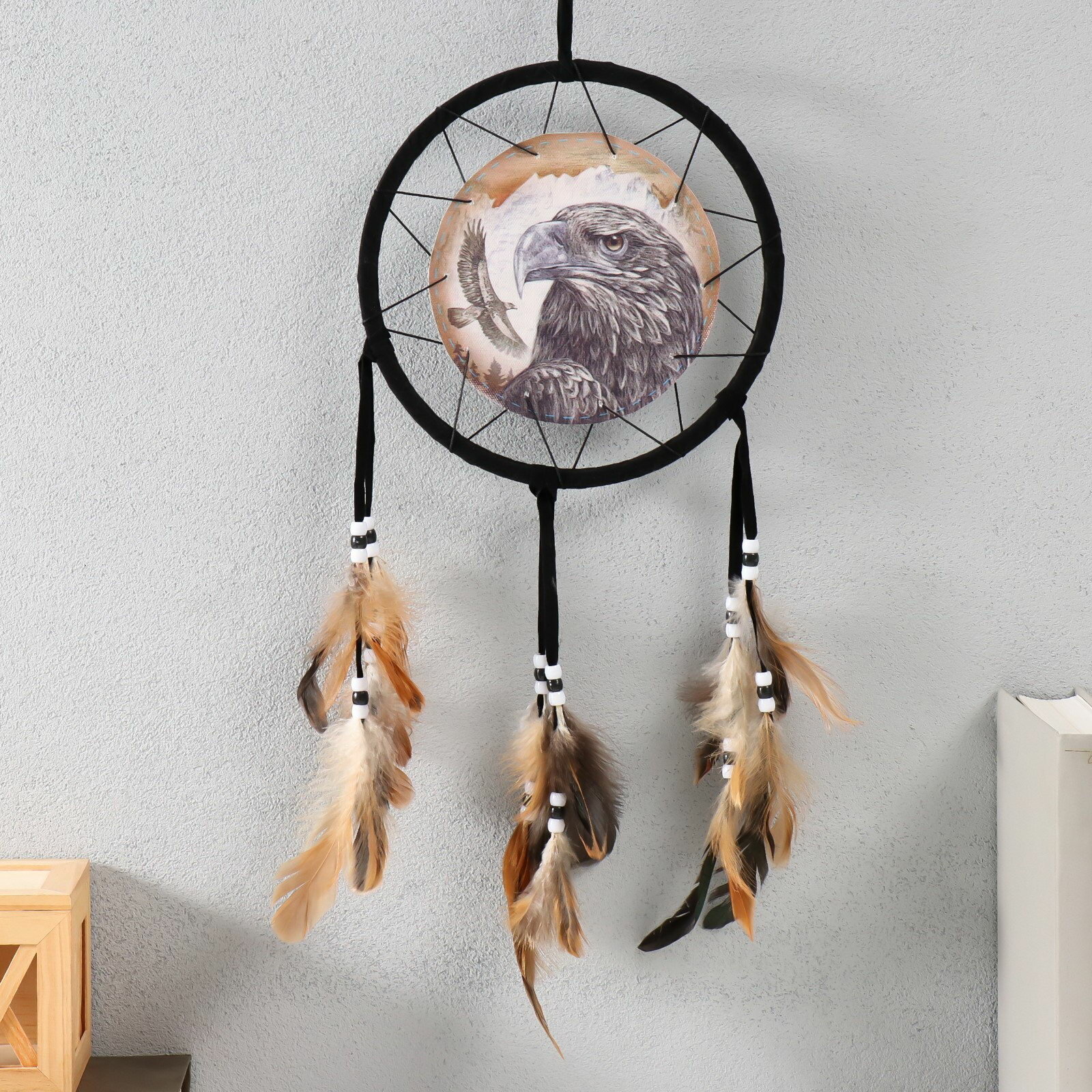 Ловец снов амулет "Орёл", 20x20 см, цвет: коричневый, форма: круглая