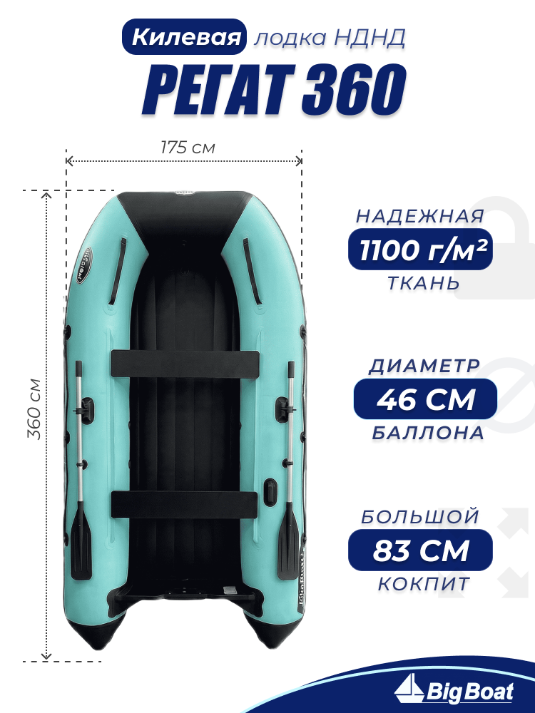 Надувная, под мотор, килевая лодка из ПВХ для рыбалки Regat (Регат) 360 НДНД
