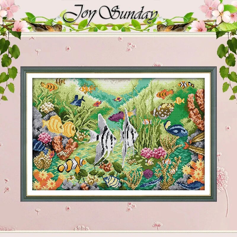 Набор для вышивки крестом Joy Sunday Тропические рыбы 14CT picture printed