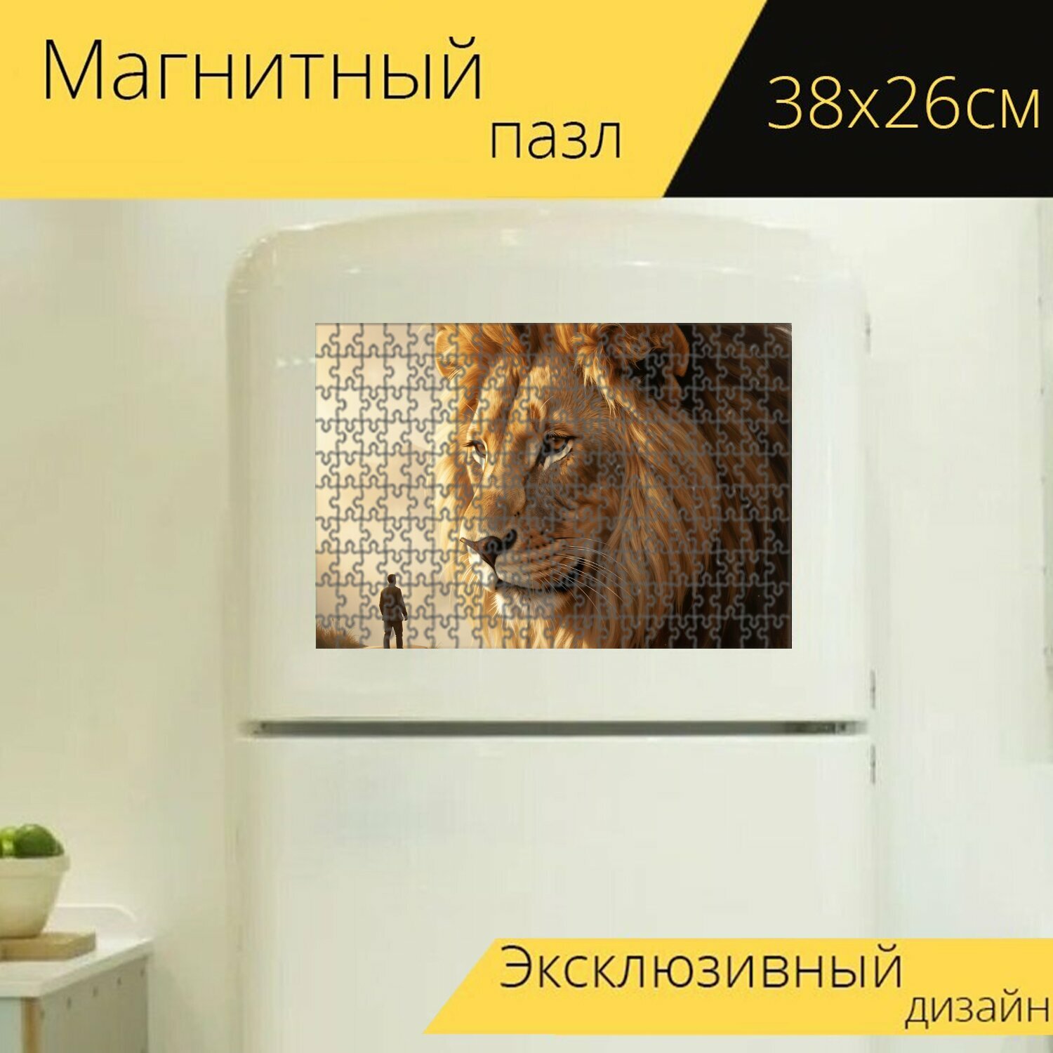 Магнитный пазл "Лев и человек на скале. Эпичный фантазийный сюжет: огромный хищник с роскошной гривой возвышается над одинокой фигурой у обрыва. Тёплые." для интерьера, 38х26 см.