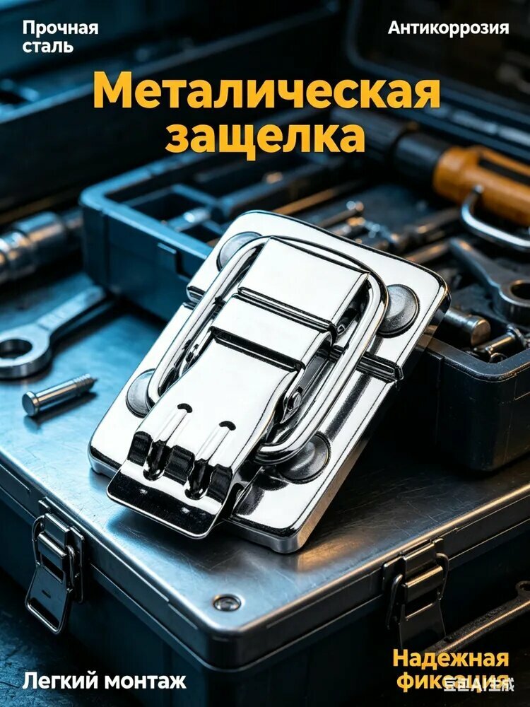 Замок, металлическая защелка, серебристый, 2 шт. Металлическая защелка-замок 30x36 мм, усиленная, хромированная, для ящиков, коробок и инструментальных кейсов