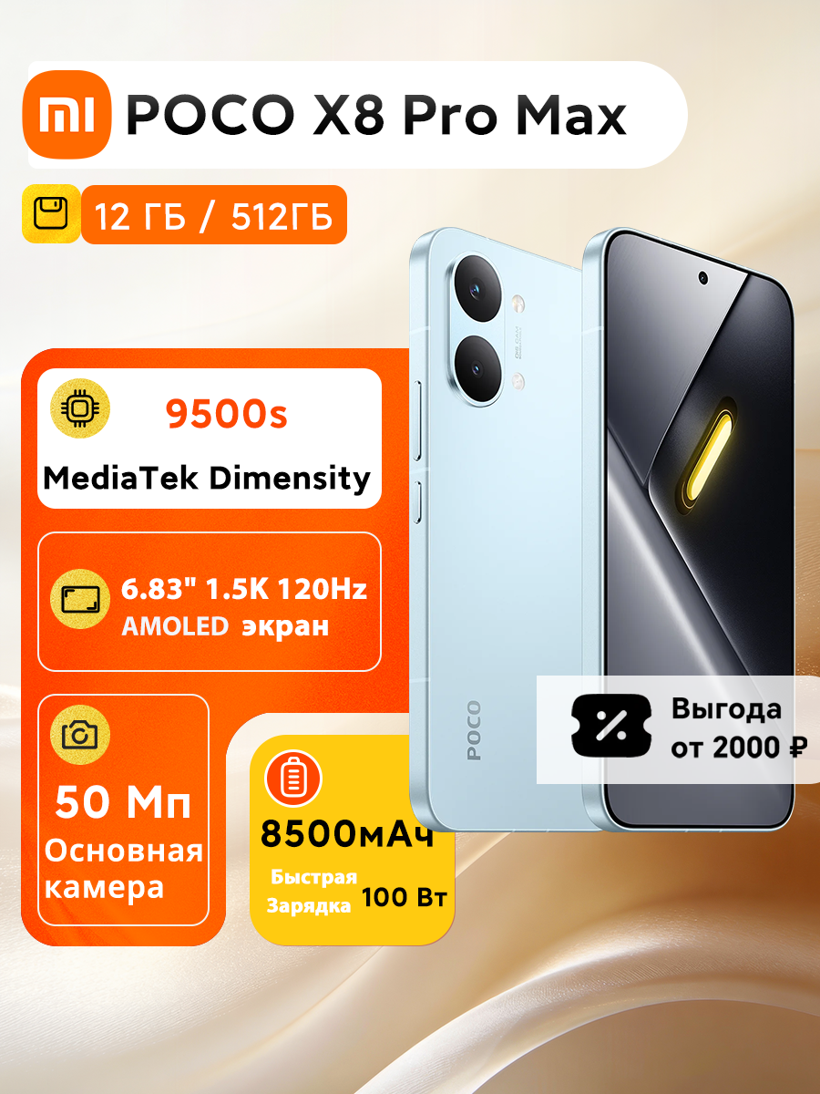 Смартфон Xiaomi POCO X8 Pro Max 12ГБ 512ГБ Синий, Флагманский Dimensity 9500s, 8500 мАч IP69 1.5K 120 Гц дисплей, eSIM