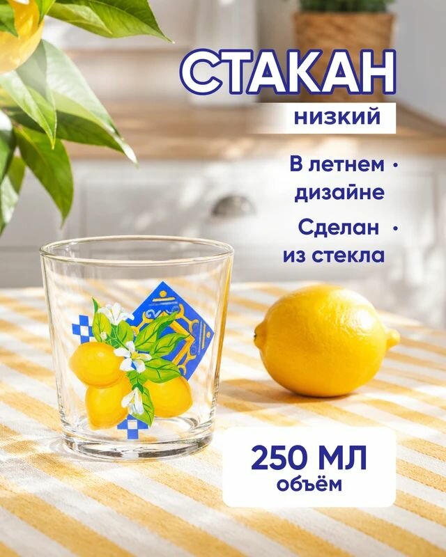 Стакан высокий, ОСЗ, 250 мл. в летнем дизайне из стекла для прохладительных напитков