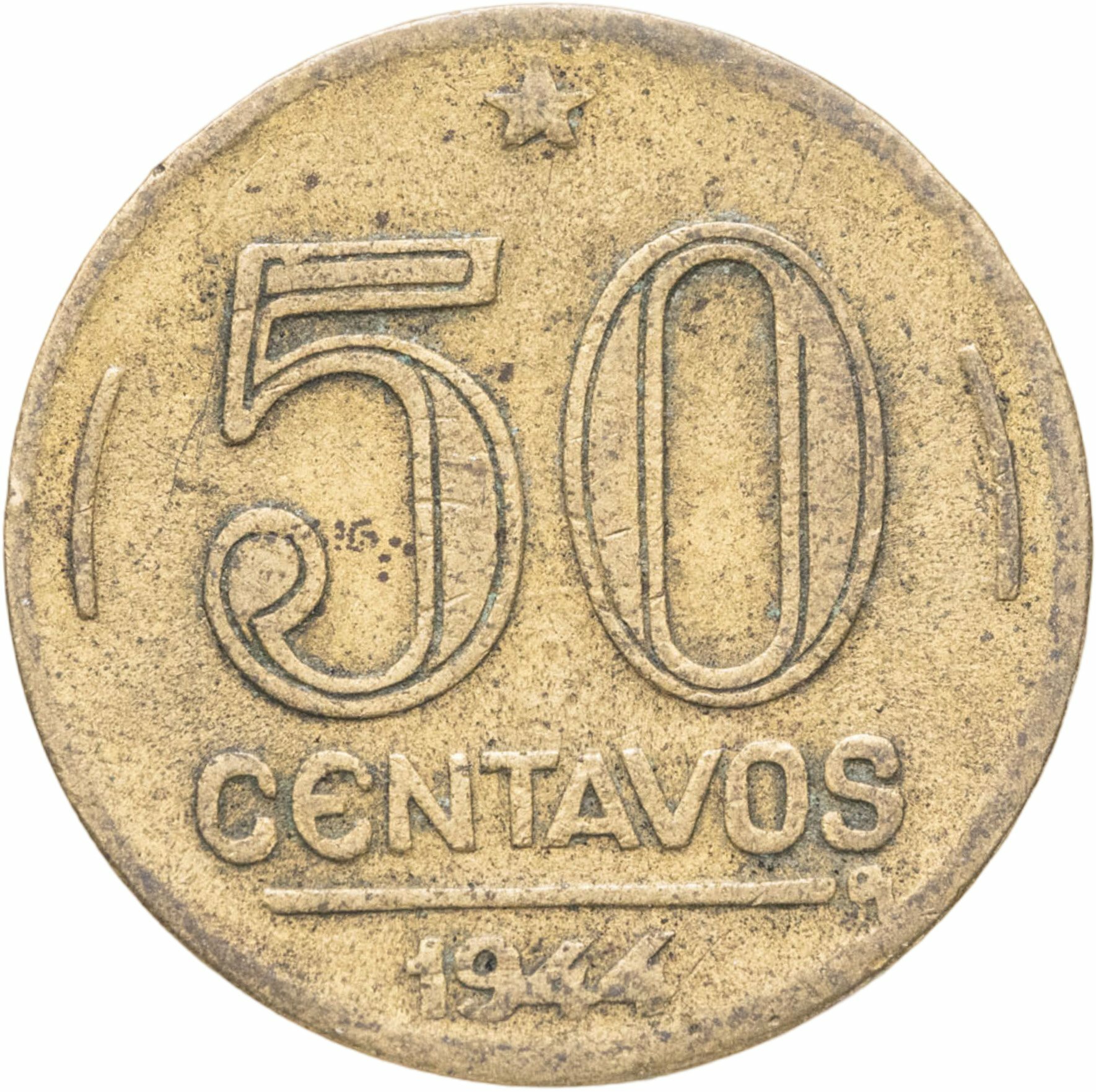 Бразилия 50 сентаво centavos 1944, Бронза, в сохранности VF
