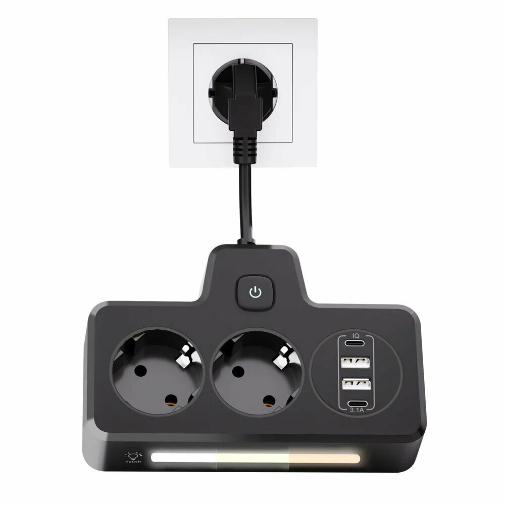 HITRENDS Евроудлинитель с подсветкой: 2 розетки + 2 USB + 2 Type-C - компактный сетевой фильтр (черный, 1 шт)