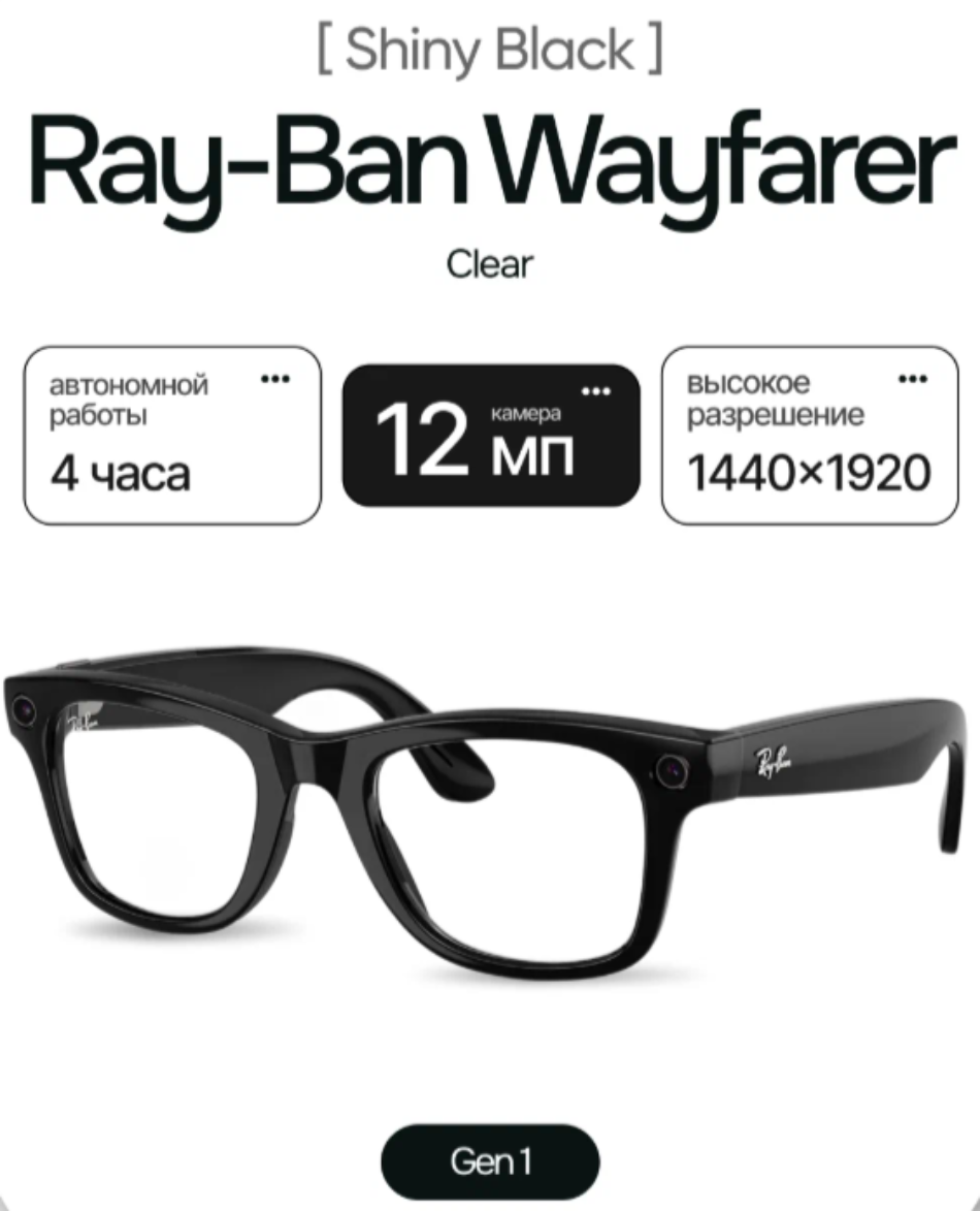 Умные Очки Ray-Ban Glasses Wayfarer (Gen 1) камера 12Мп, оправа Shiny Black, линзы Clear, Bluetooth 5.3, голосовое управление, р.50-22-150