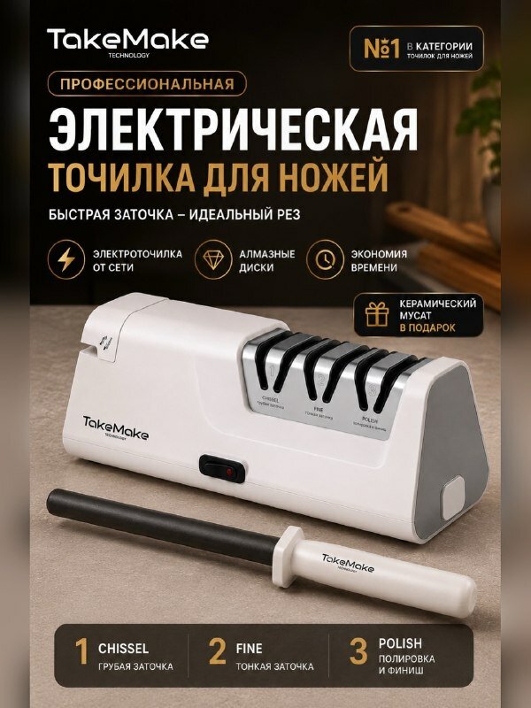 Точилка для ножей, электрическая ножеточка TakeMake, алмазное покрытие, 3 уровня заточки