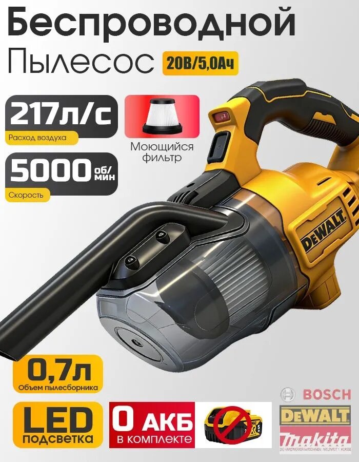 Бестселлер среди аккумуляторных пылесосов DeWALT 20V, оснащенный HEPA фильтром, комплектуется пятью насадками для дома