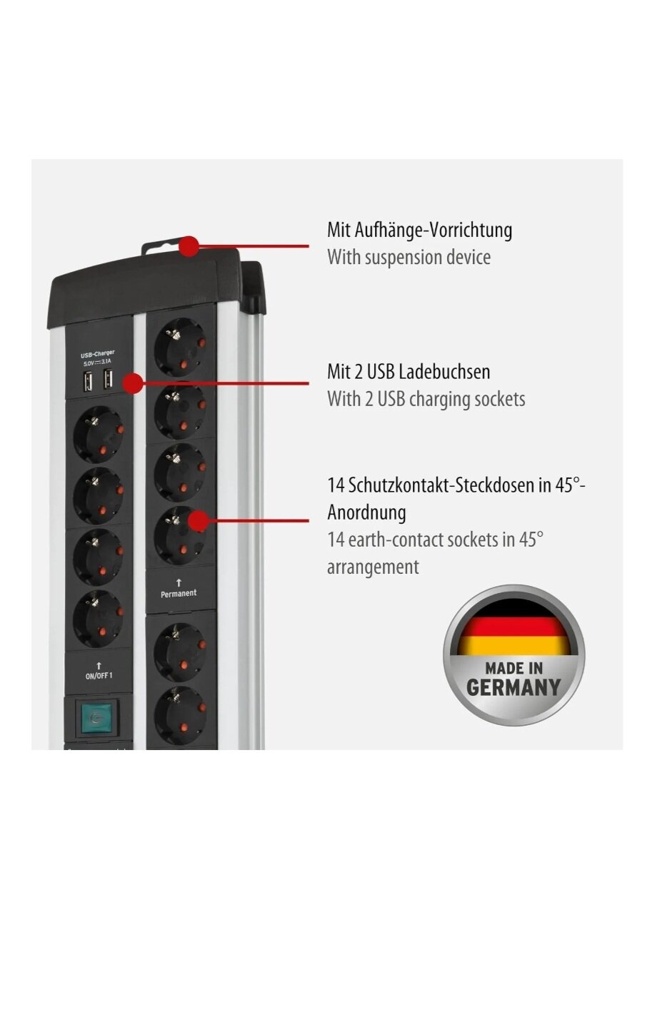 Сетевой фильтр Brennenstuhl The Premium-Protect-Line с 14-секционным блоком питания. 2х USB. Защита 120000А. Германия. — фото 1