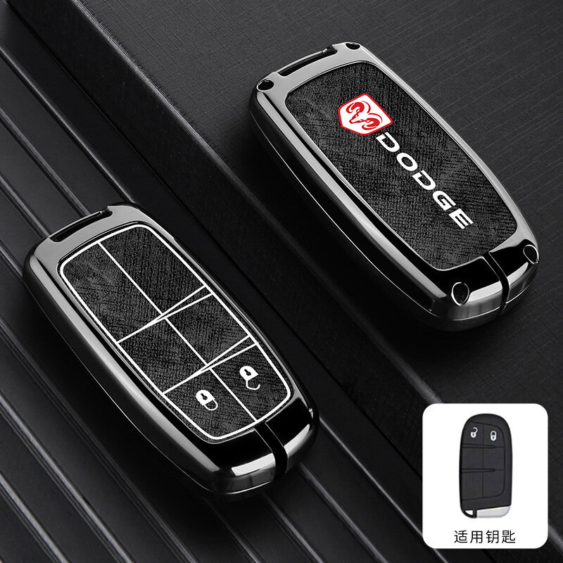 Металлический чехол для ключей для Dodge 2-ключевой с деним-узором и черной кожаной оболочкой одиночный