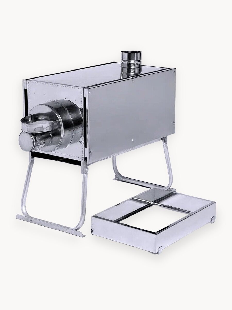 Печь туристическая на дровах для обогрева палатки на 30 л. со стационарными экранами и коробом для камней