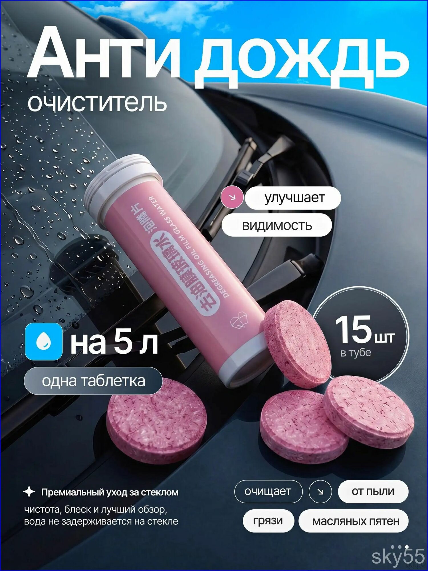 Стеклоомыватель, антидождь, защитное омывающее средство в таблетках для автомобильного стекла