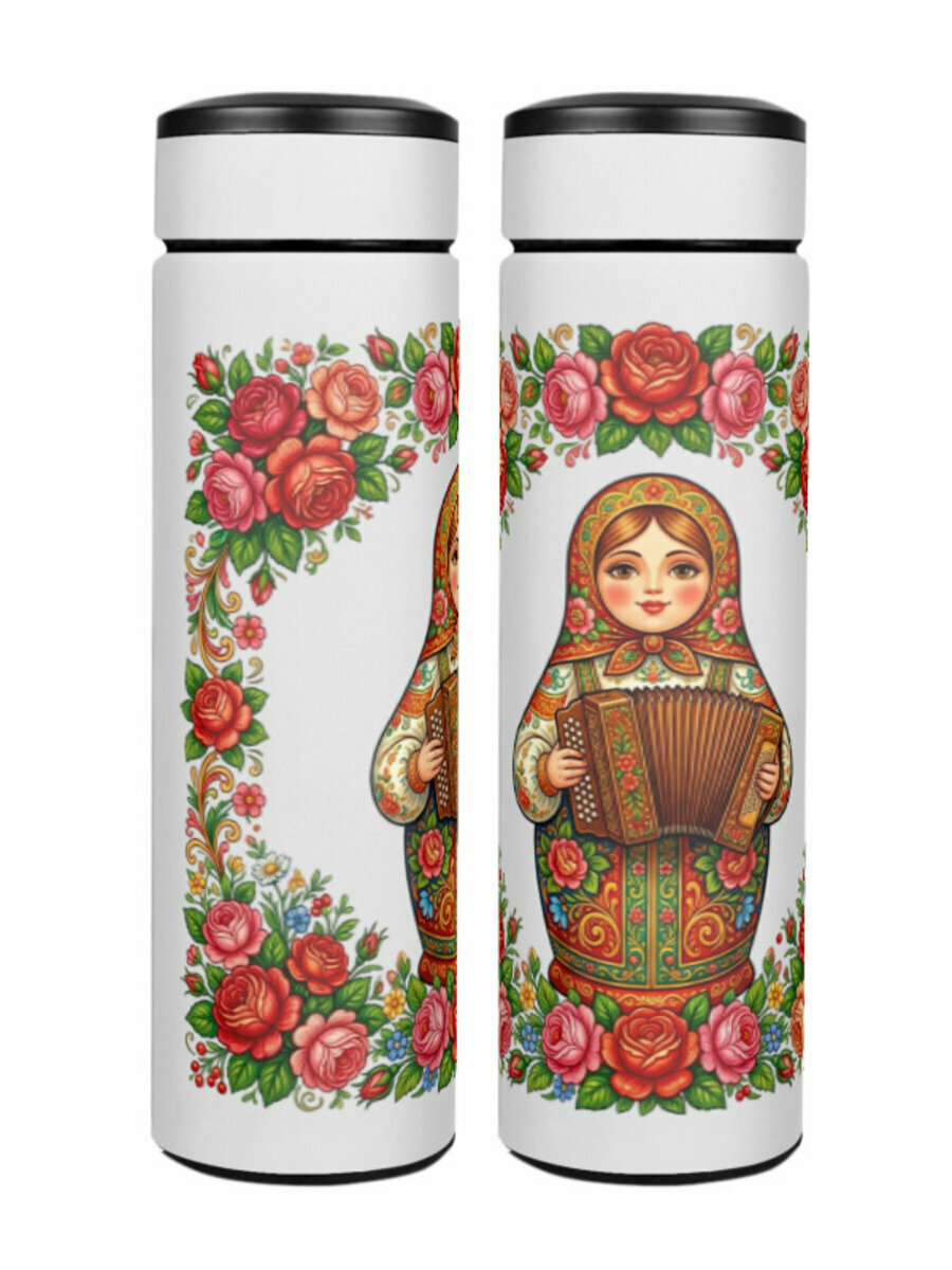 Термос «Матрёшка с гармошкой в цветах» (белый)