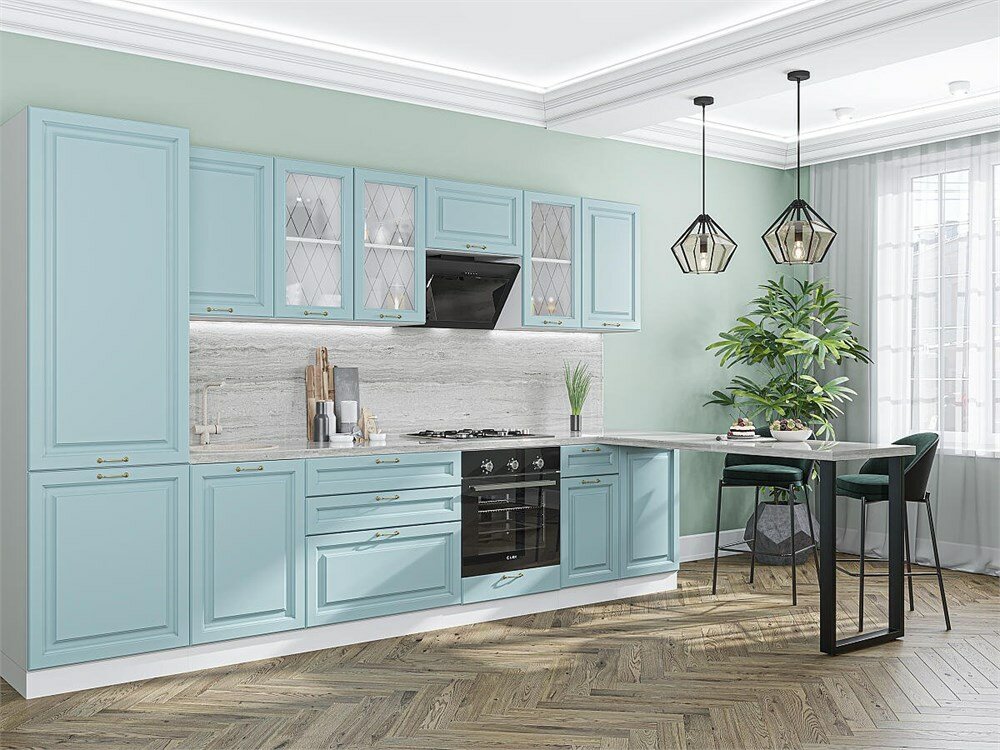 VVT Кухонный гарнитур модульный Ницца-02, каркас ЛДСП Белый, фасад МДФ/Стекло Голубой, 2140*3300*600 Голубой