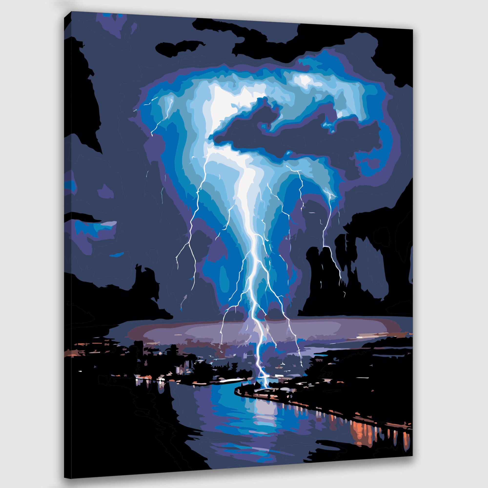 Картина по номерам 40x50 см, ночная гроза, молния, городской пейзаж, темный фон, силуэт, фотография, великолепная