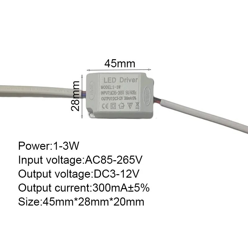LED драйвер постоянного тока AC85-265V 300мА 1W-36W Белый, 1-3W