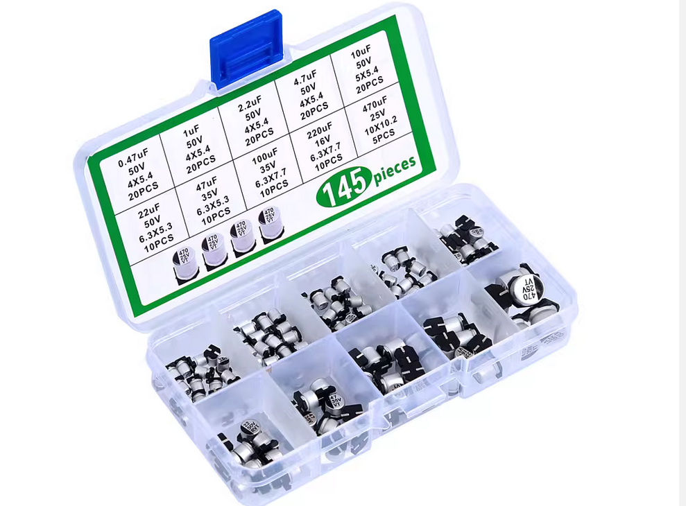 Набор электролитических конденсаторов, SMD 0,47-470 мкф, 10 номиналов, 145 шт, в боксе