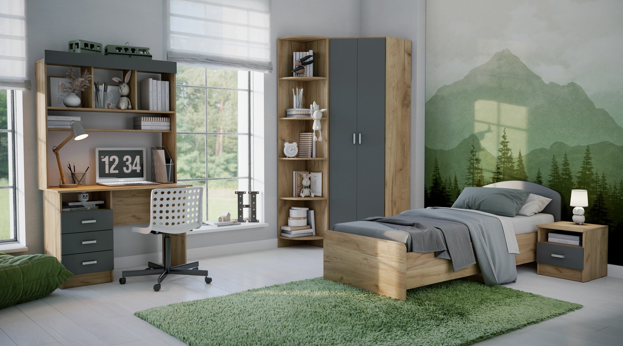 Комплект Мебельная Фабрика Рай Мартина, угловой шкаф, кровать, терминал, стол, надстройка, тумба, ДСП